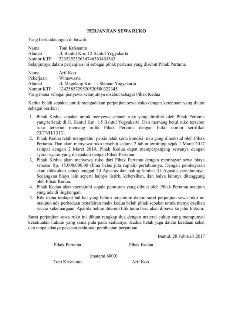9+ Contoh Surat Perjanjian Sewa Tempat Usaha (Ruko, Toko, Kios, dll)